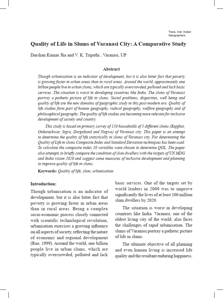 Quality of Life in Slums of Varanasi Cit | PDF | Slum | Urbanization