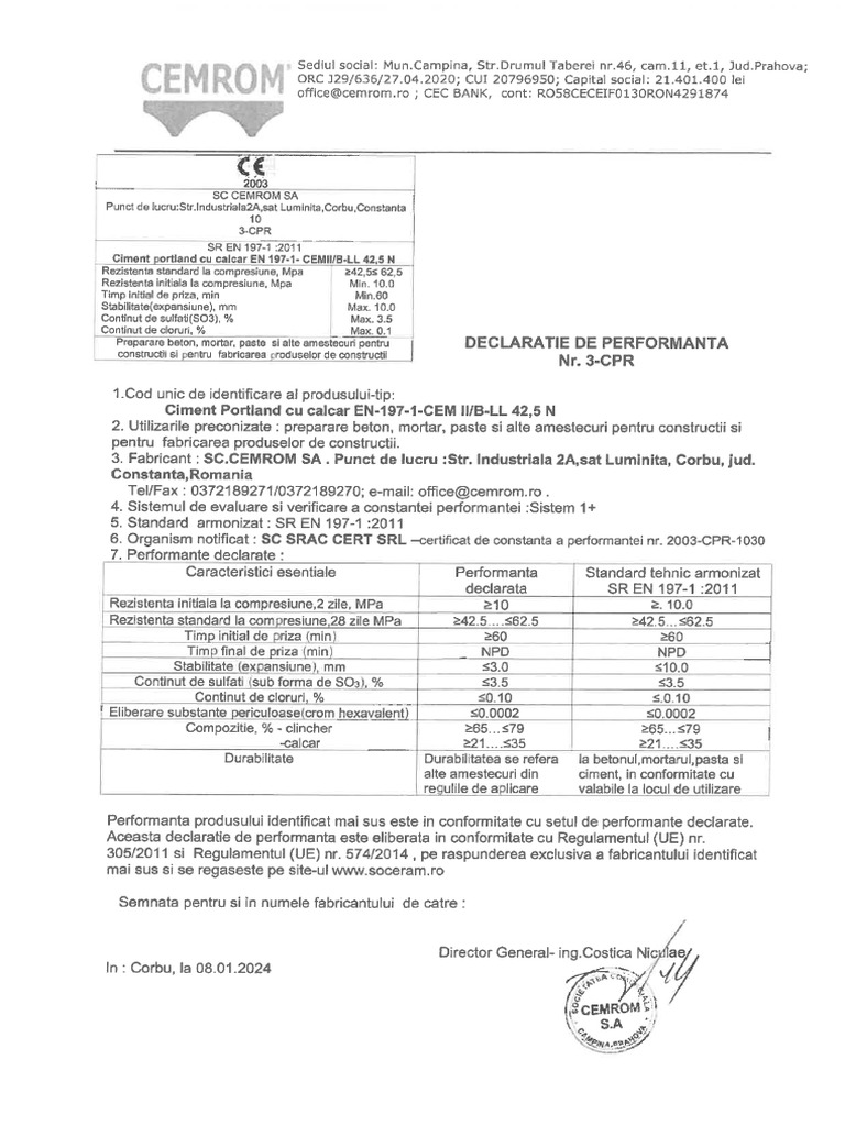 Declaratie de Performanta Ciment B LL | PDF