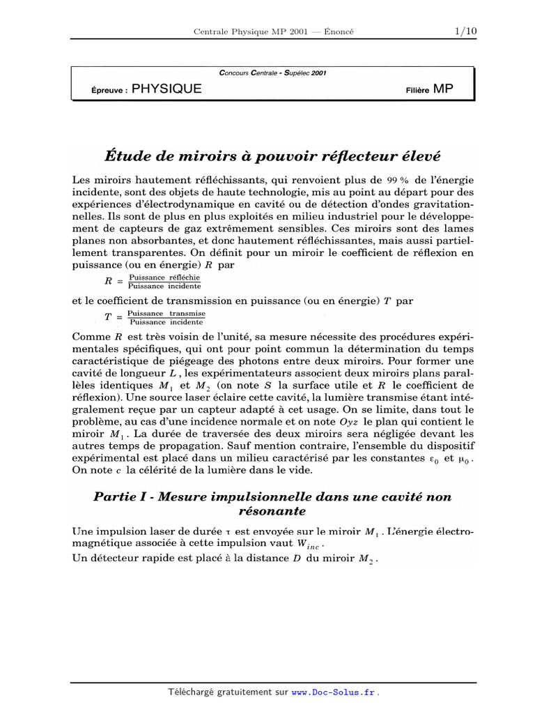 MP Physique Centrale 1 2001.enonce | PDF