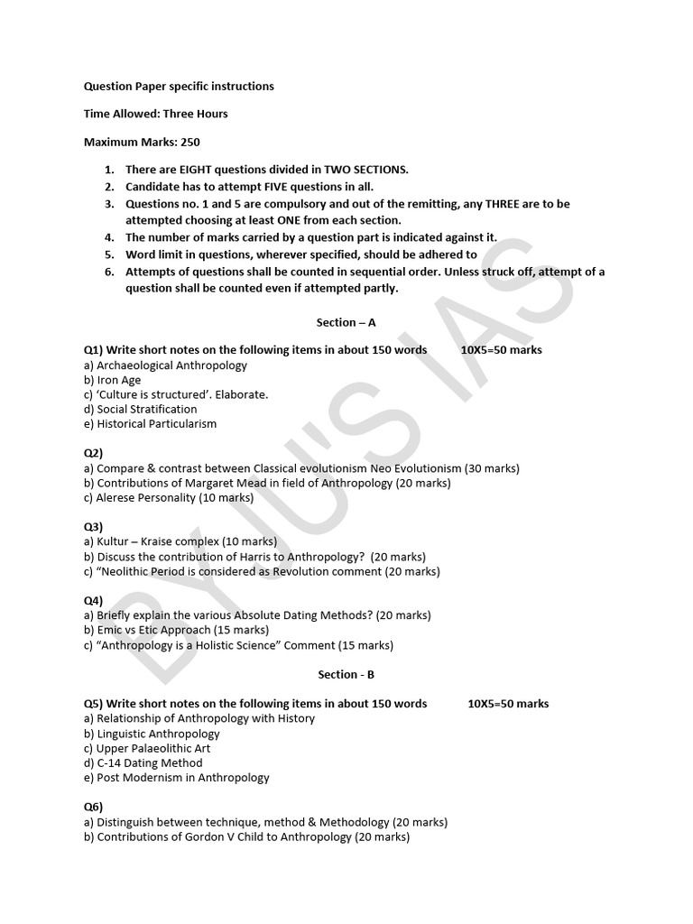 Anthropology Exam Question Paper Guide | PDF | Teaching Methods & Materials