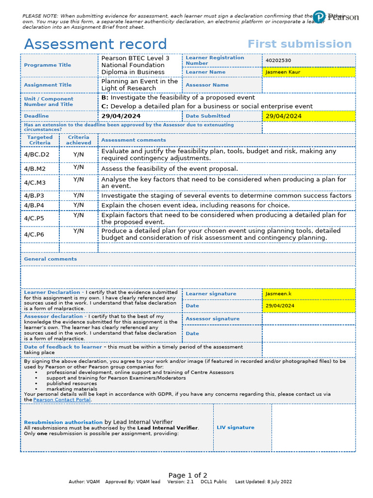 BTEC Unit 4 Assignment 2 Assessment Record | PDF | Career & Growth
