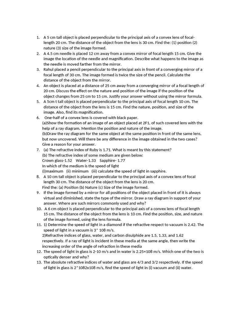 LIGHT (Reflection and Refraction Numericals) | PDF | Mirror | Optics