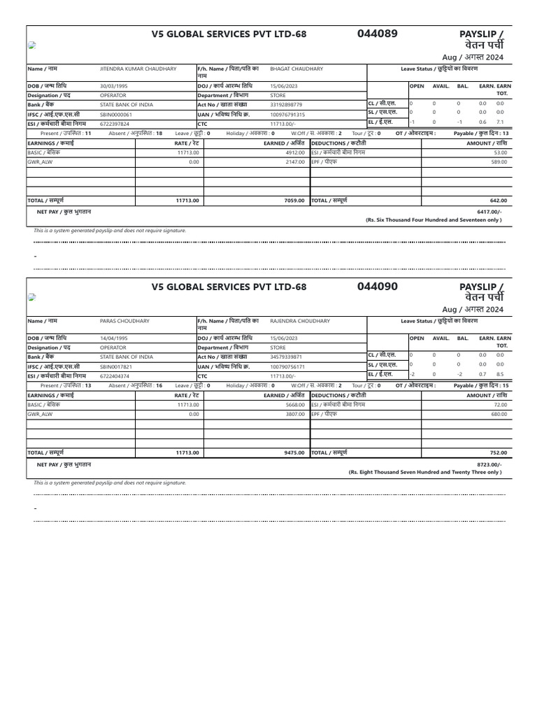 V5 GLOBAL Payslips Aug 24 | PDF
