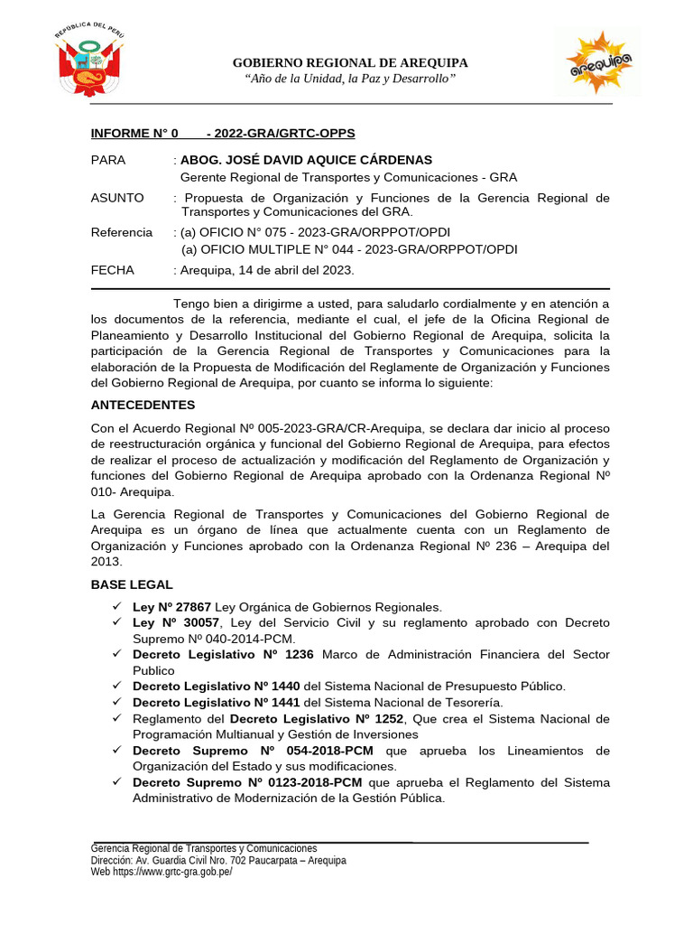 Informe #012-2023-OPPS Propuesta de Organizacion y Funciones de La GRTC | PDF | Presupuesto ...