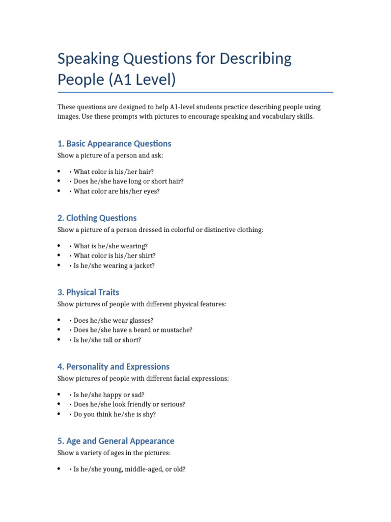 A1 Speaking Questions: Describing People | PDF | Career & Growth