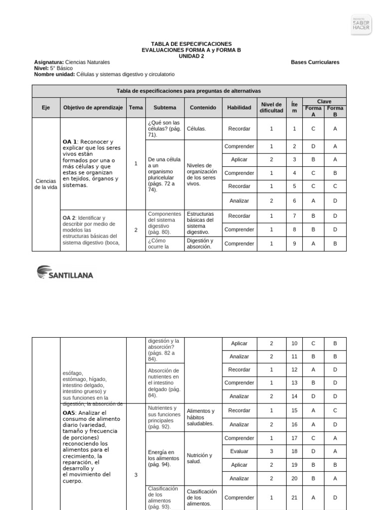 Especificaciones de Evaluación en Ciencias Naturales 5° Básico | PDF | Sistema circulatorio | Sangre