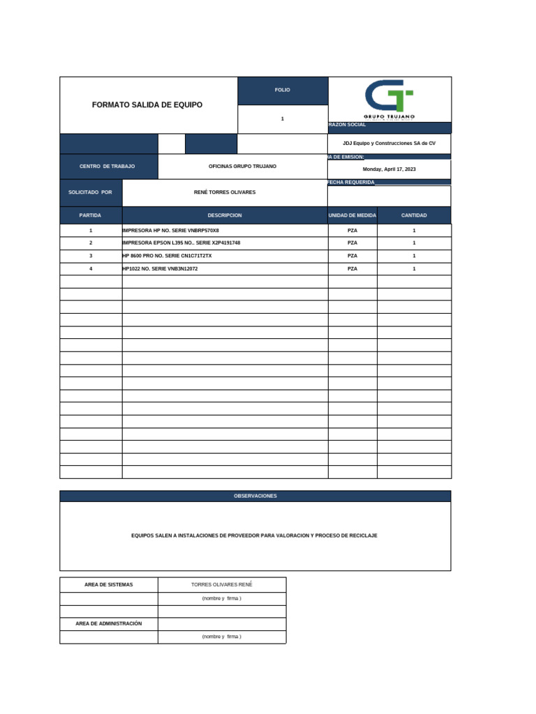 FORMATO SALIDA DE EQUIPOS | PDF
