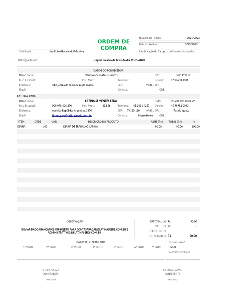 Ordem de Compra MODELO 2.2 | PDF