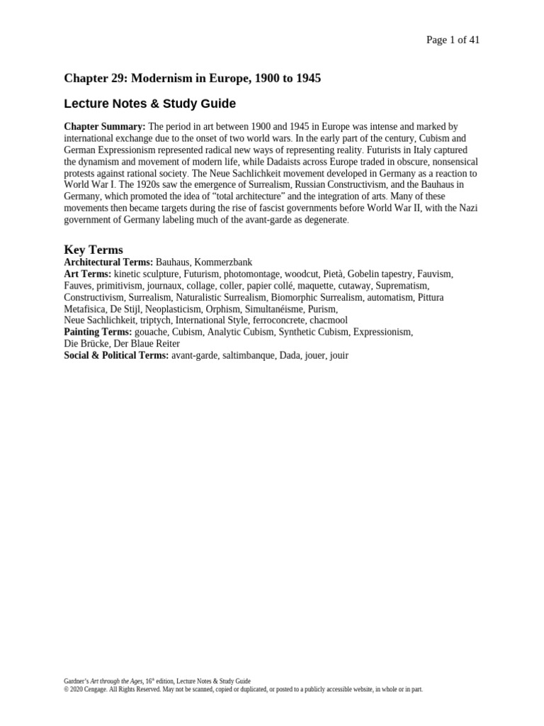 ARTH 102 Modernism in Europe and America 1900 To 1945 Study Guide S24 ...