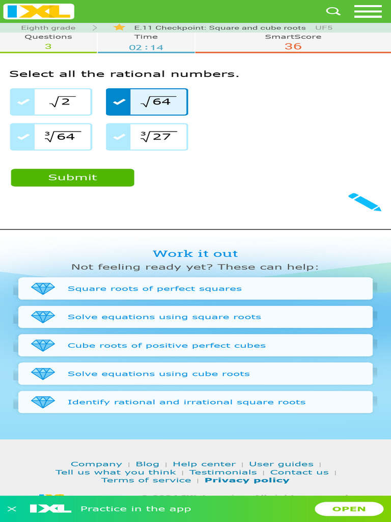 IXL Checkpoint Square and Cube Roots 8th Grade Math | PDF