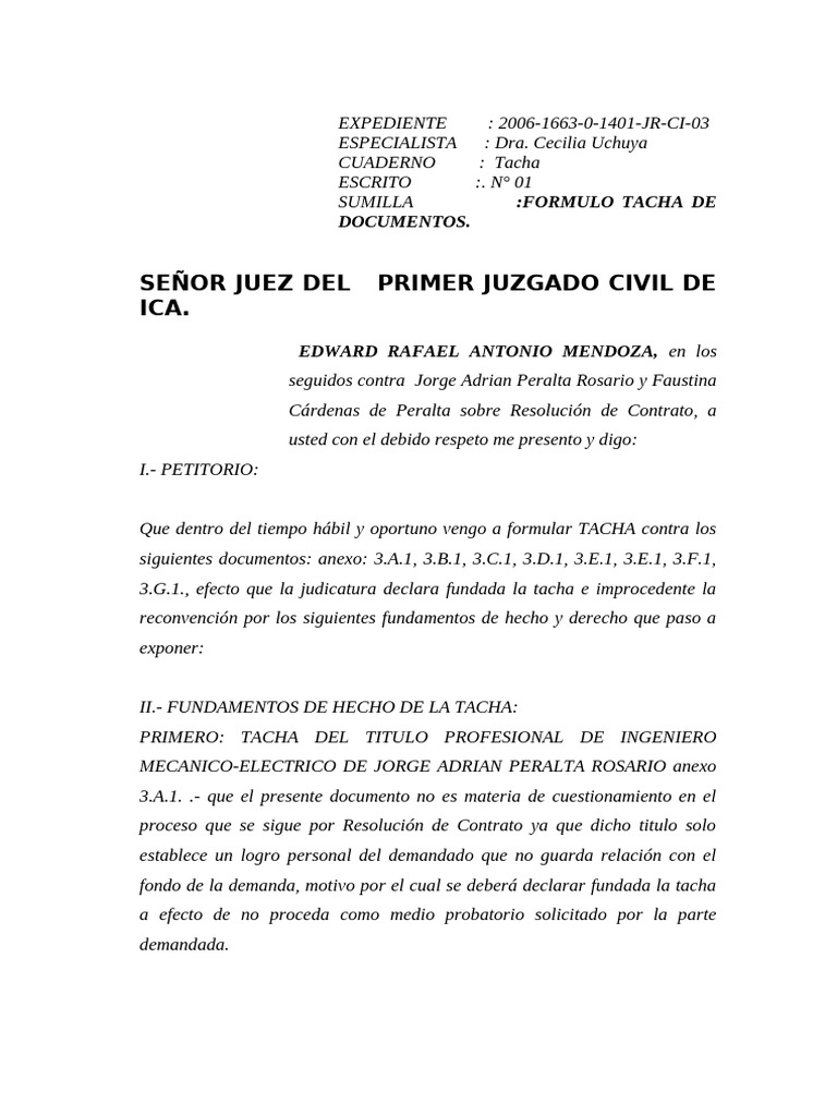 Tacha de Documentos en Proceso Civil | PDF | Demanda judicial | Ley procesal