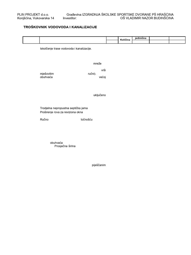 Troškovnik Vodovoda I Kanalizacije | PDF