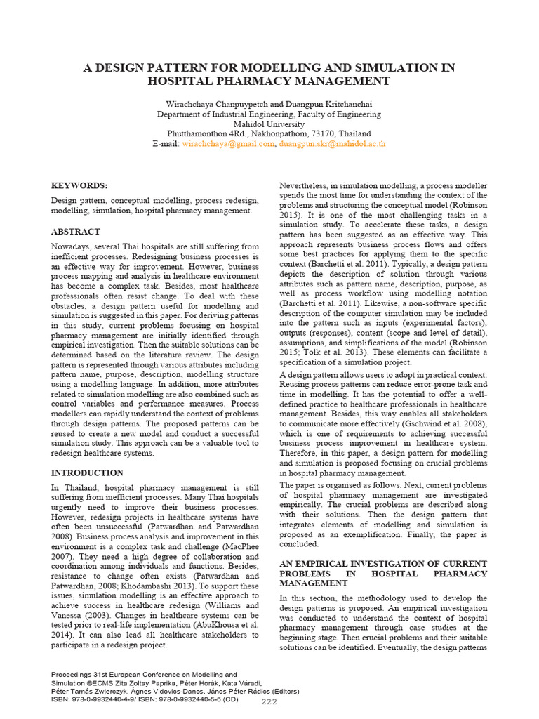 A Design Pattern For Modelling and Simulation in Hospital Pharmacy Management | PDF | Medical ...