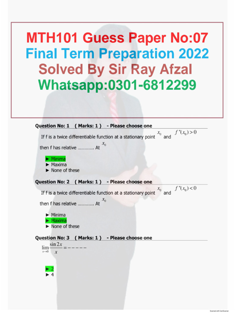 MTH101 Final Term Guess Paper No-07 by Sir Ray Afzal | PDF MTH101 Final Term Guess Paper No-07 by Sir Ray Afzal | PDF