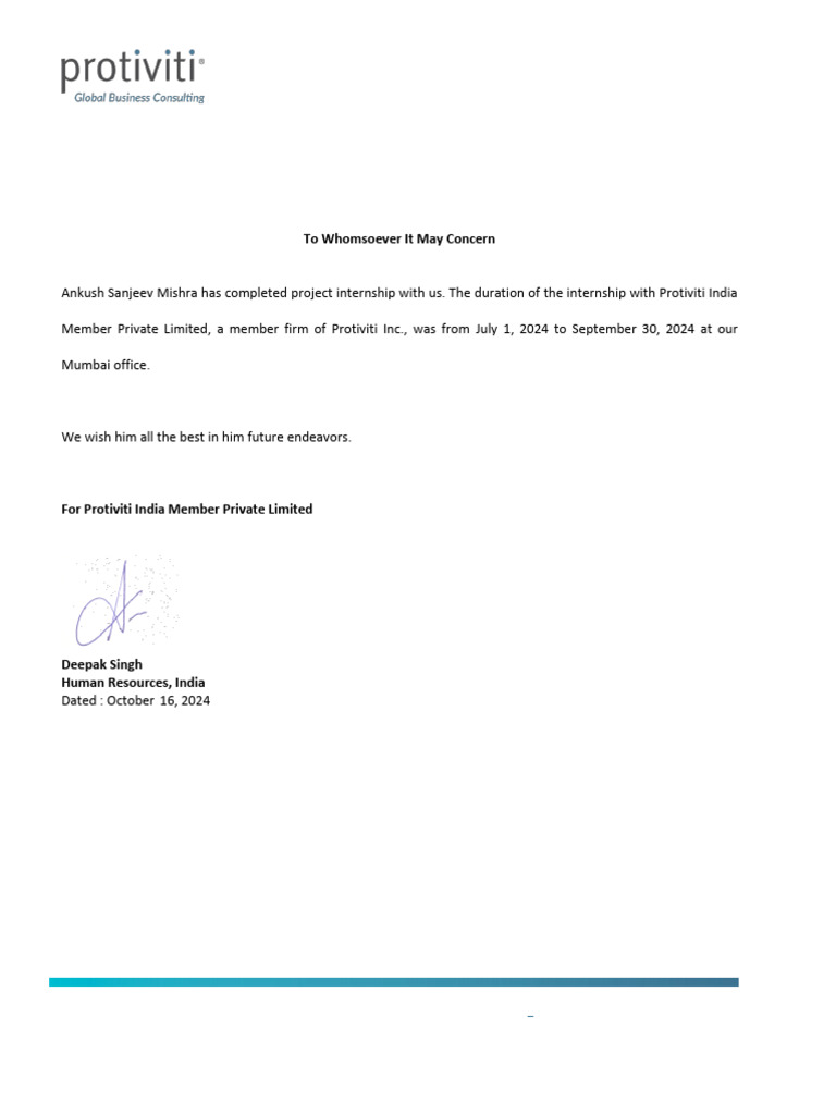 Protiviti Internship Experience Letter | PDF
