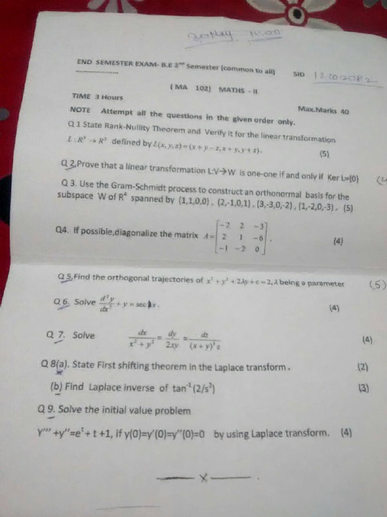 MA1201 End+Mid Semester Question Paper | PDF | Linear Subspace | Mathematical Physics