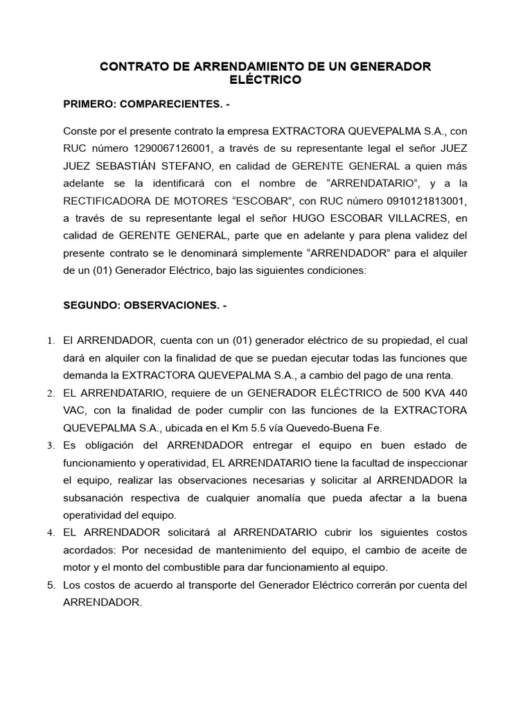 Contrato de Arrendamiento de Generador Eléctrico | PDF | Tecnología