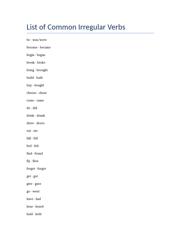 List of Common Irregular Verbs | PDF | Language Arts & Discipline ...