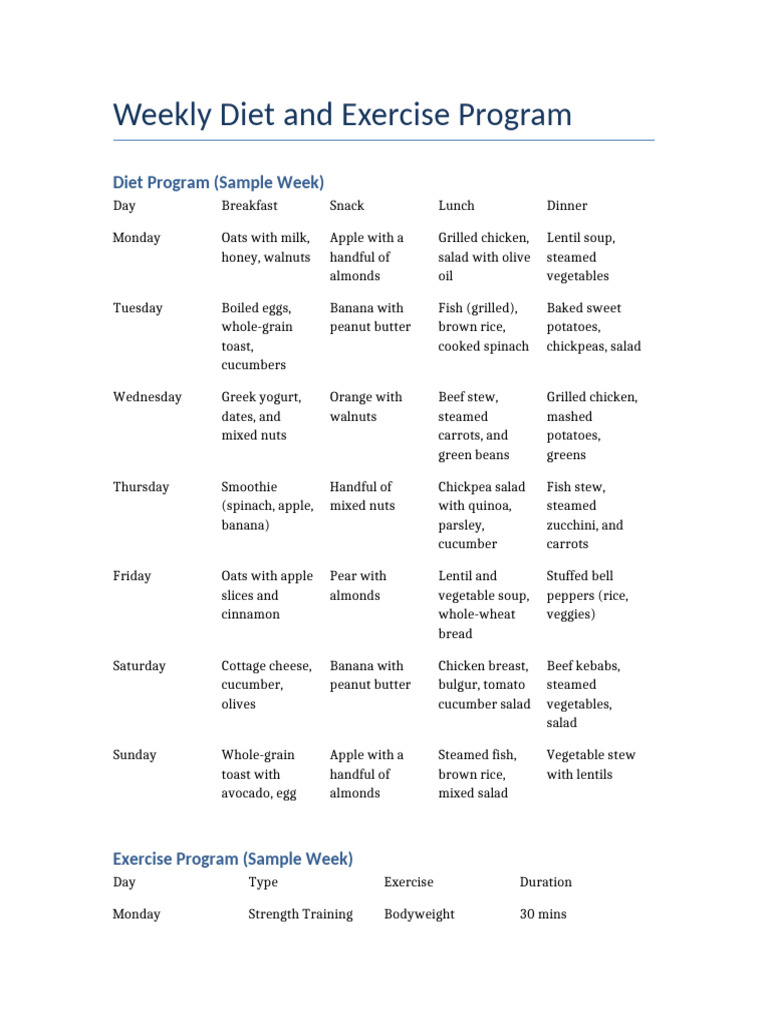 Weekly Diet and Exercise Plan | PDF | Salad | Vegetables