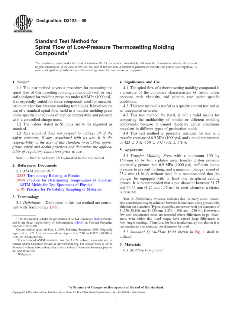 ASTM D 3123-09 Standard Test Method For Spiral Flow of Low-Pressure ...