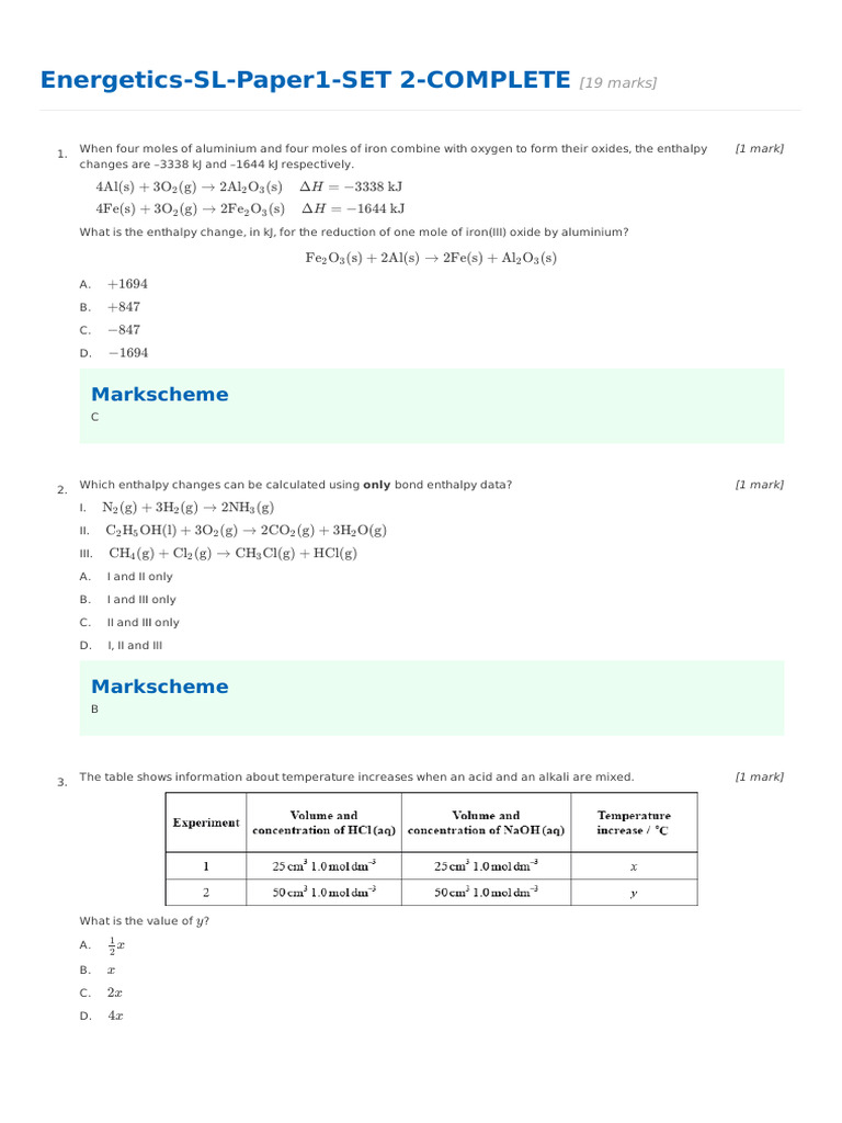 Energetics SL Paper1 Set 2 Complete | PDF | Enthalpy | Chemical Elements