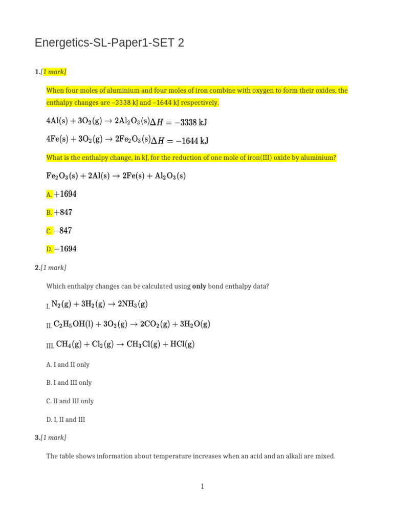 Energetics SL Paper1 SET - 2 | PDF | Enthalpy | Chemical Substances