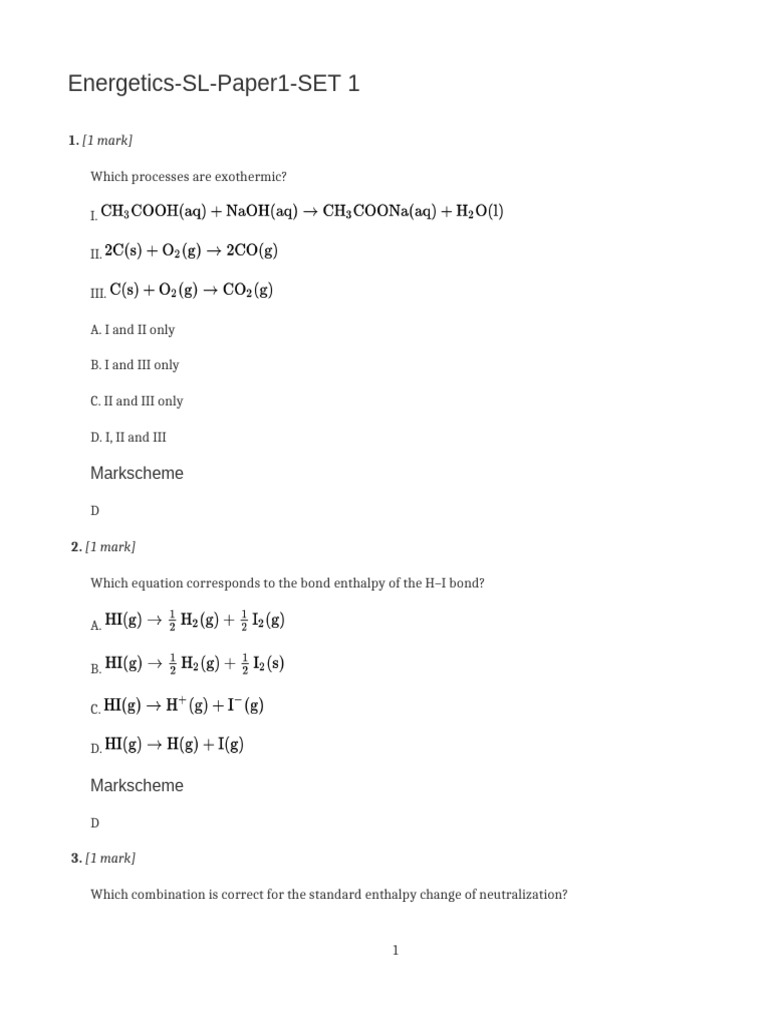 Energetics SL Paper1 SET - 1 Complete | PDF | Chemical Reactions | Enthalpy