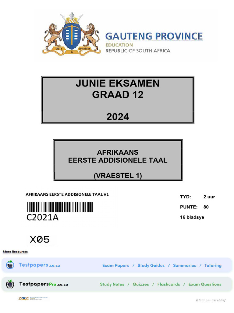 GR 12 Afrikaans P1 (FAL) June 2024 Possible Answers | PDF