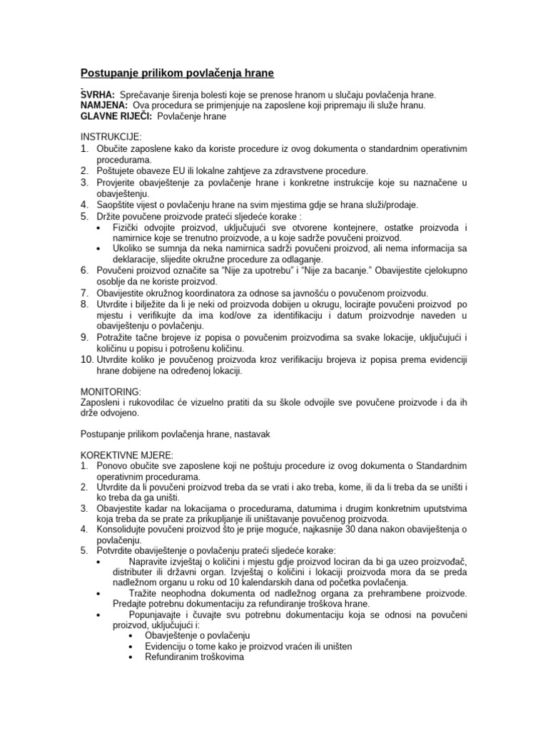 Postupanje Prilikom Povlačenja Hrane | PDF