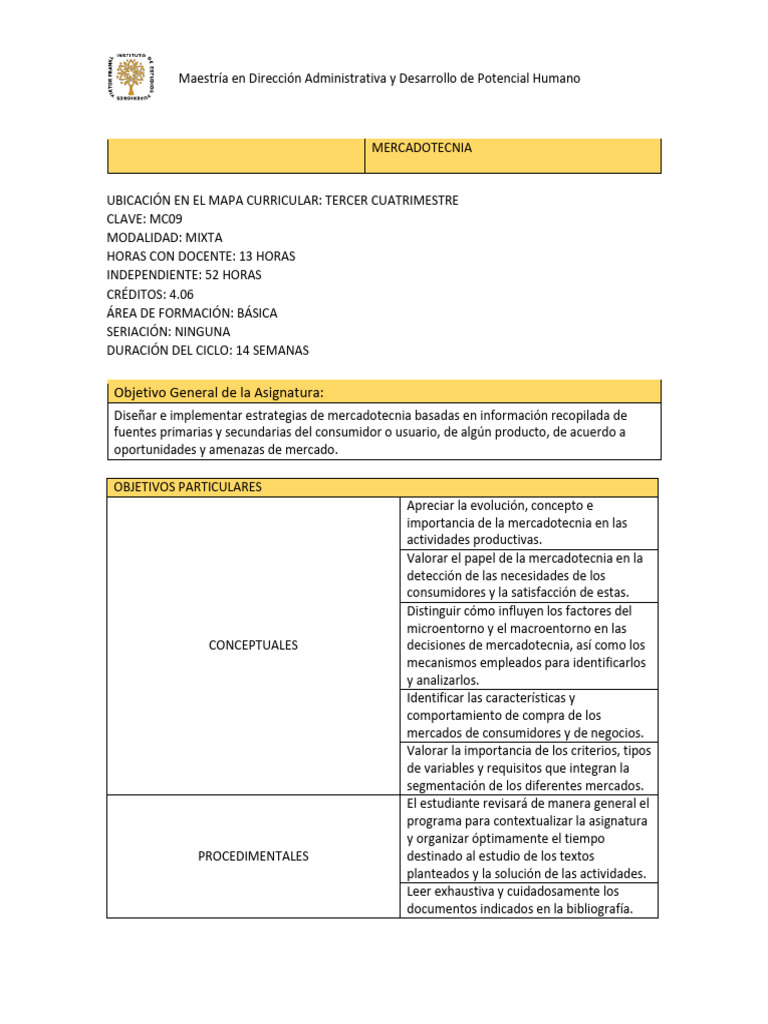 Contenido Temã¡tico (Plan de Estudios) | PDF | Marketing | Evaluación