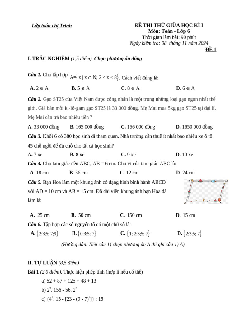 De Giua Hoc Ki 1 Toan 6 Nam 2023 2024 Truong Thcs Tan Mai Ha Noi | PDF