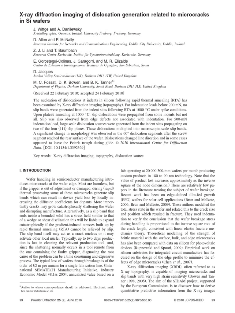 X Ray Diffraction Imaging Of Dislocation Generation Related To Microcracks In Si Wafers Powder