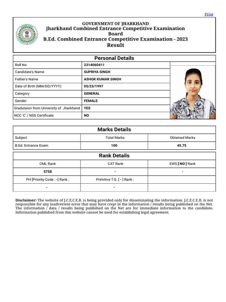Result - B.ed. Combined Entrance Competitive Examination - 2023 | PDF