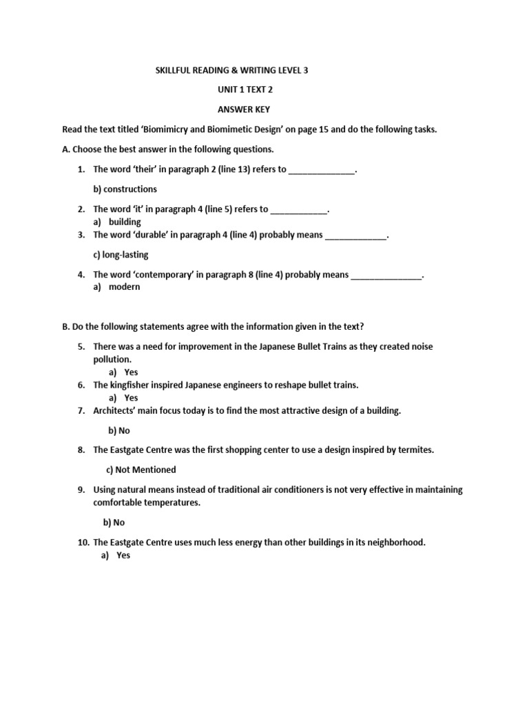 SKILLFUL 3 (Reading Writing) Unit 1 - Text 2 Answer Key | PDF | Computers | Technology & Engineering