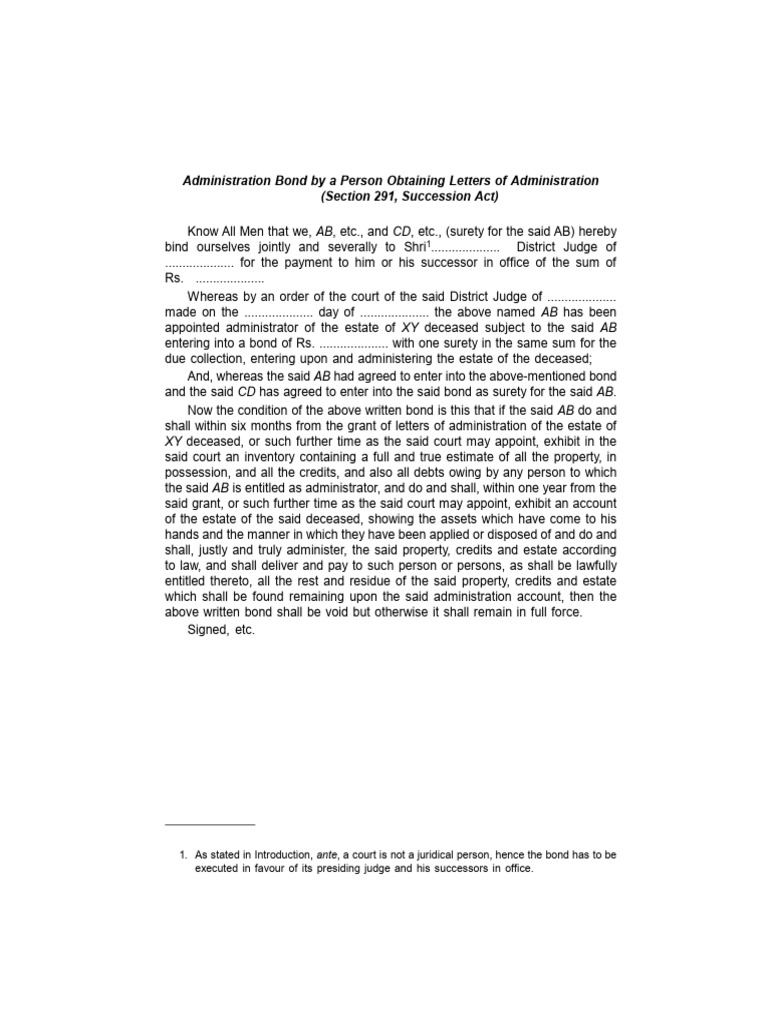 Administration Bond by A Person Obtaining Letters of Administration ...