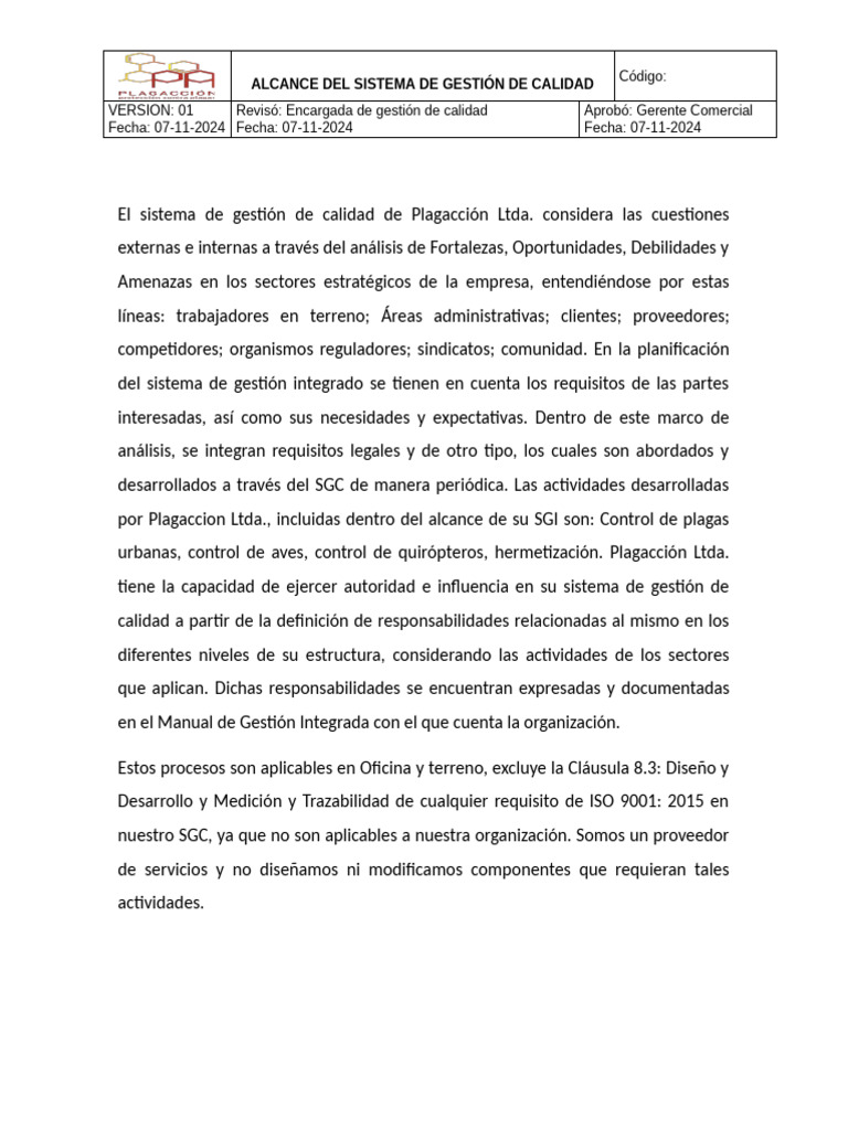 Alcance del Sistema de Gestión de Calidad | PDF