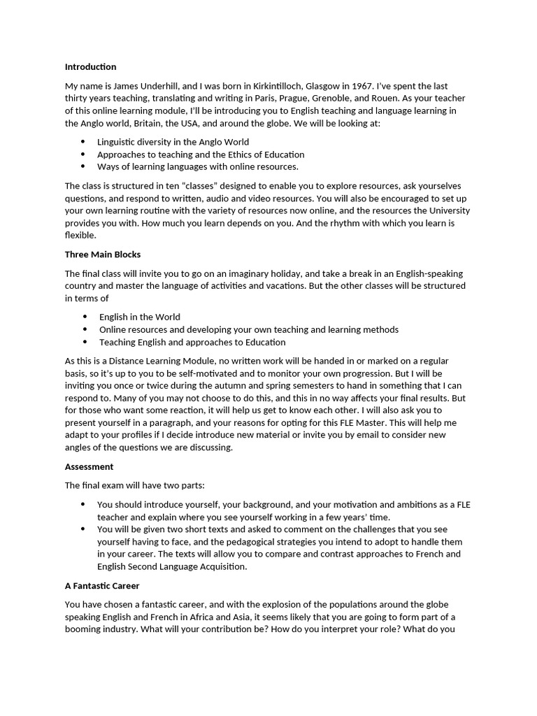 Introduction FLE M2 EaD Sep 2023 | PDF | Human Communication | Learning