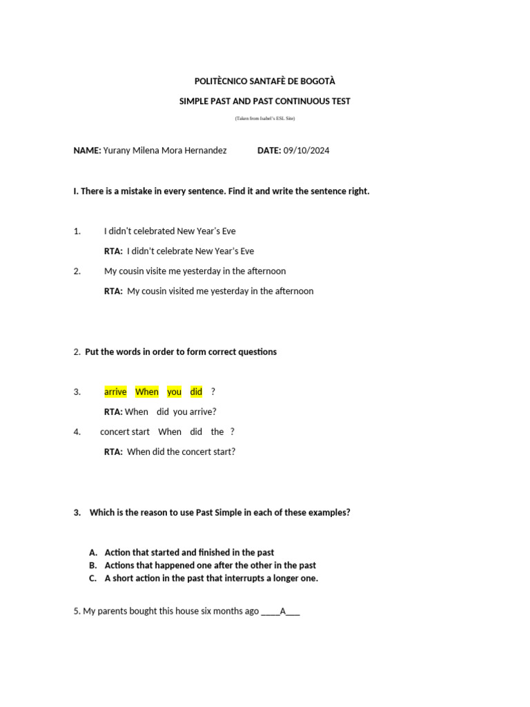 Past Simple and Continuous Test Guide | PDF | Language Arts & Discipline