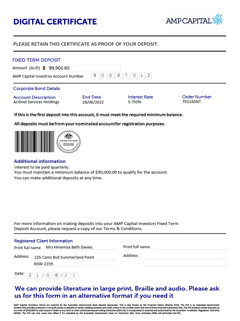 AMP CAPITAL - Digital Bond Certificate | PDF