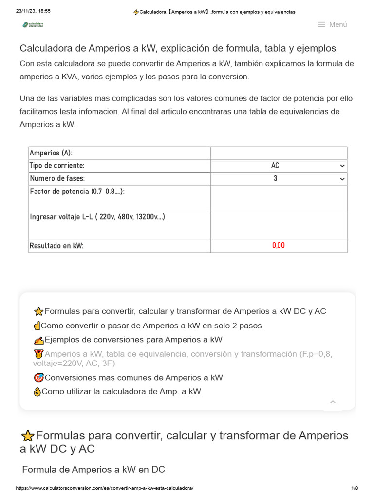 ⚡Calculadora【Amperios a kW】,formula con ejemplos y equivalencias | PDF ...