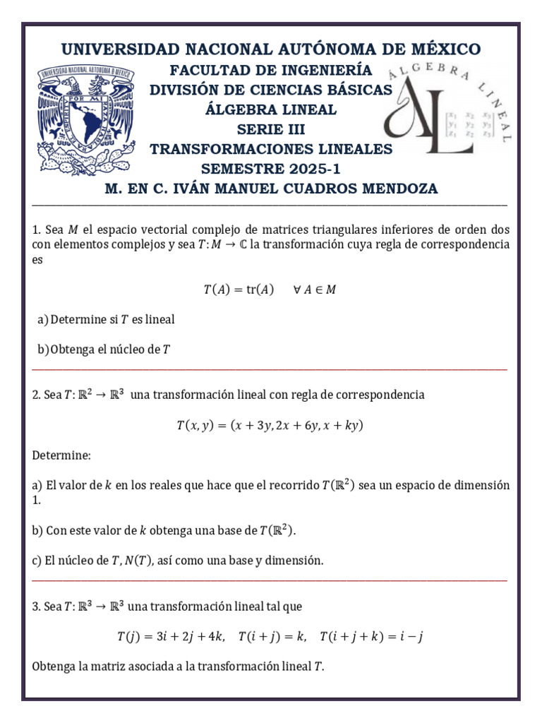 Tarea 3. Transformaciones Lineales - 2025-1 | PDF | Mapa lineal | Valores propios y vectores propios