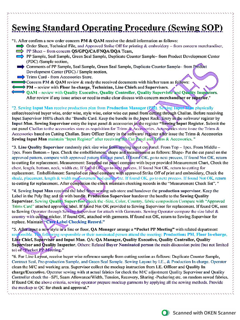 Sewing Section SOP | PDF