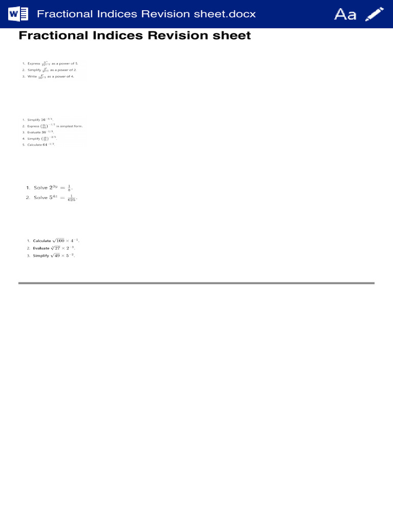 Fractional Indices Revision Sheet | PDF