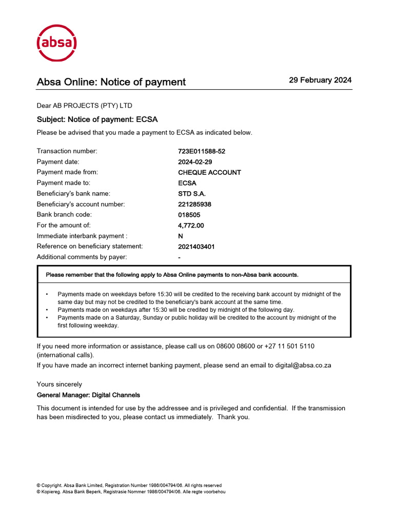 Absa Payment Confirmation Notice | PDF