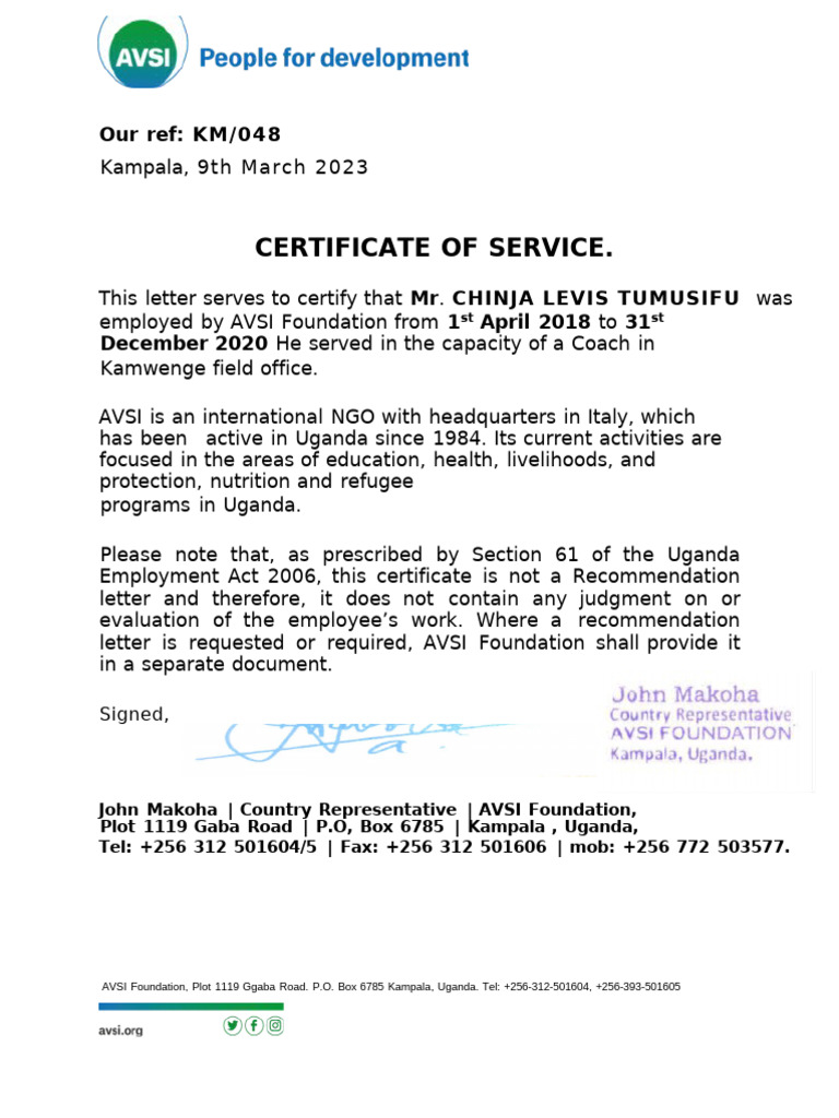 KABUMBA Jack - Certificate of Service | PDF | Career & Growth | Business