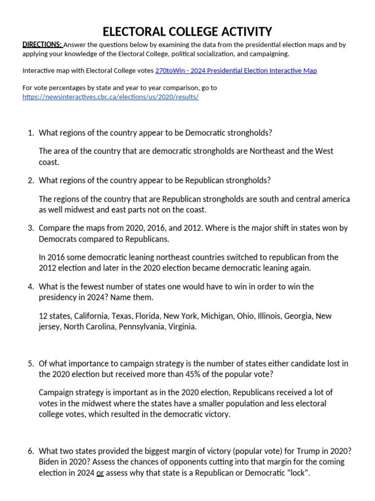 Electoral College Activity: Directions | PDF | Red States And Blue ...