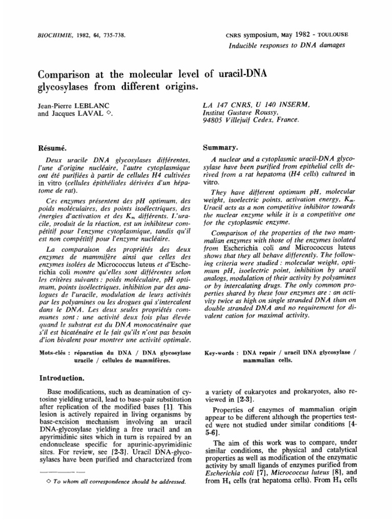 Comparison at The Molecular Level of uracil-DNA Glycosylases From Different Origins | PDF | Dna ...