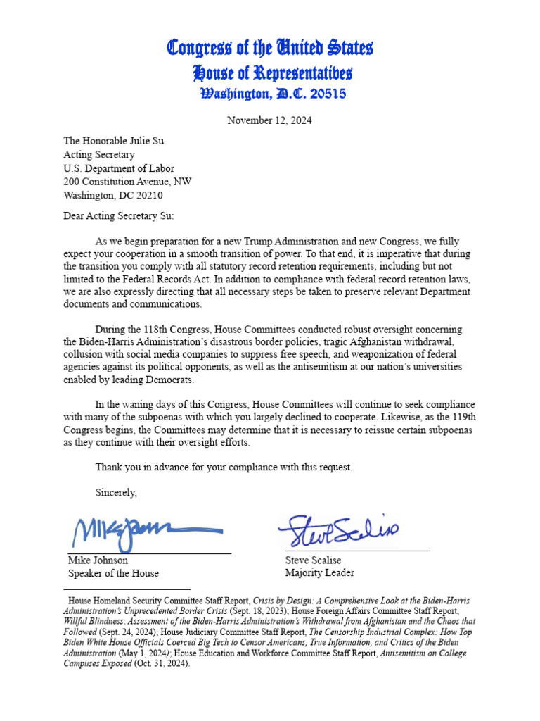 Transition Compliance Request to Labor Secretary | PDF | United States ...