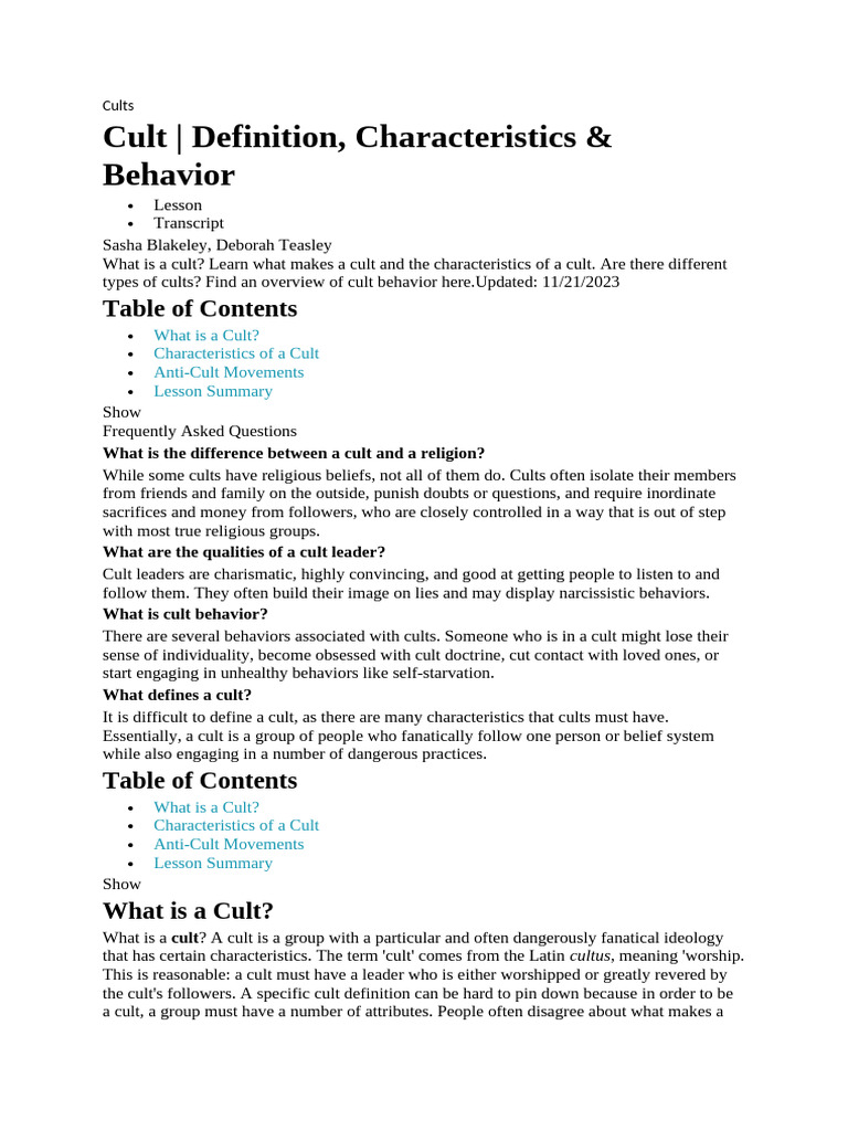 Understanding Cults: Key Traits & Types | PDF