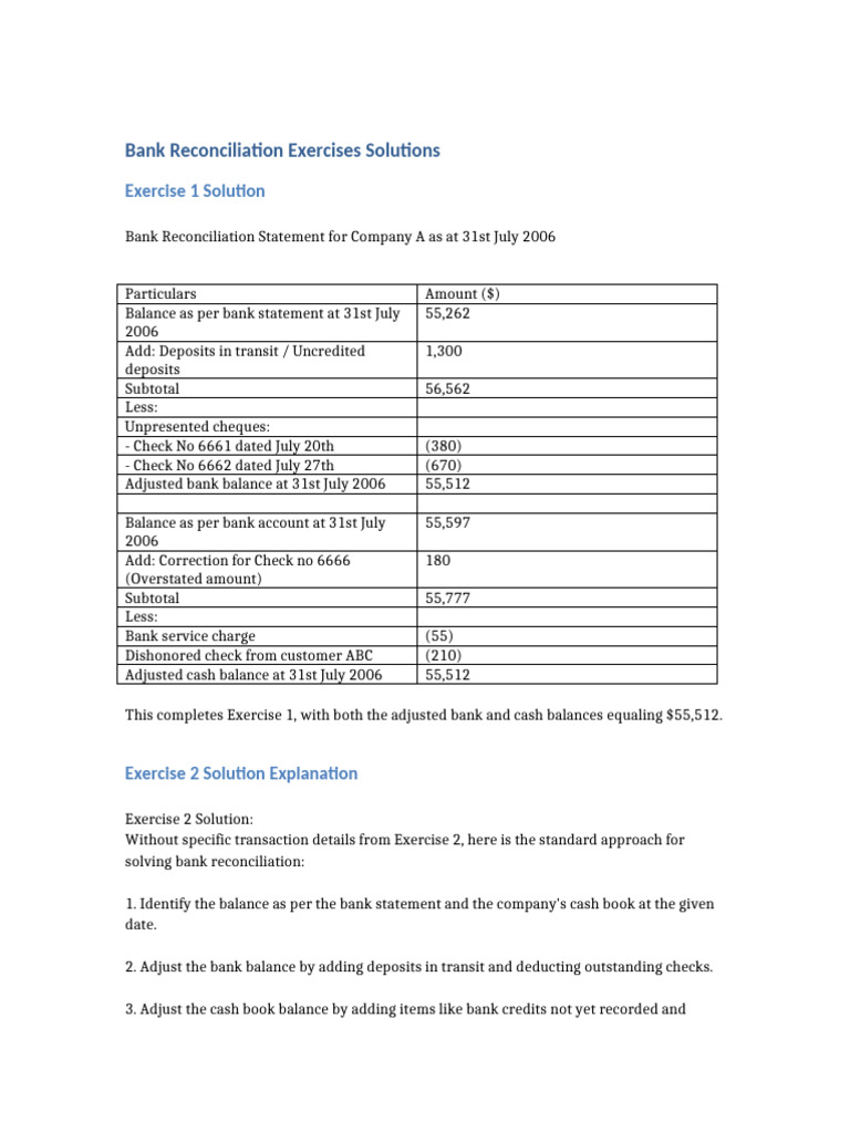 Bank Reconciliation Solutions | PDF | Finance & Money Management